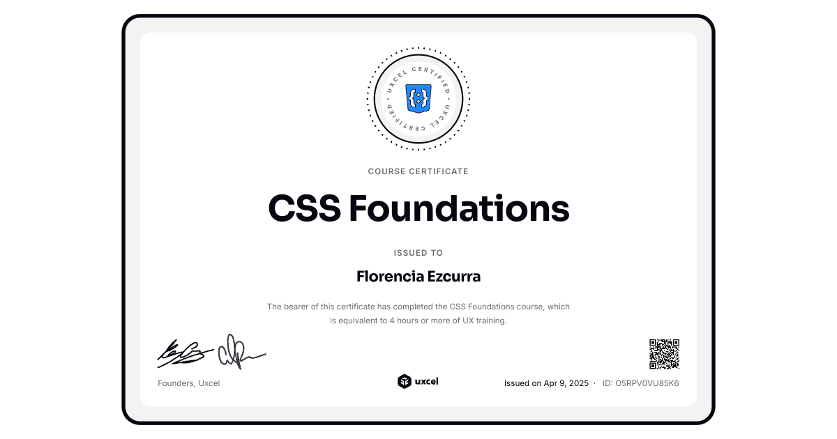 Certificate of completion for CSS Foundations | Uxcel